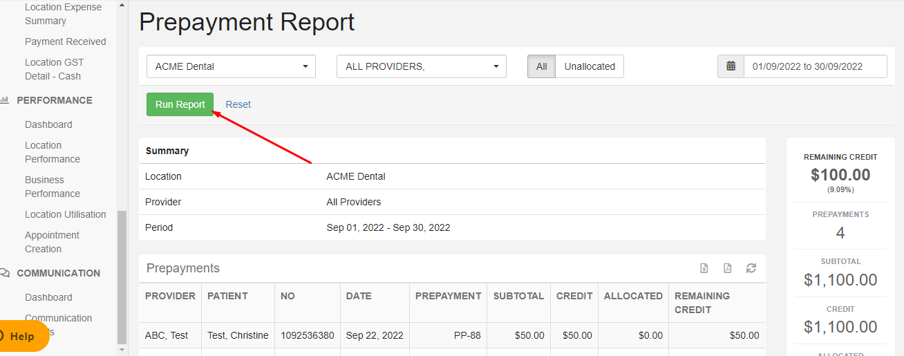 How to run a Prepayment Report – Core Practice