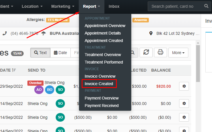 How to generate Invoice Created Report – Core Practice