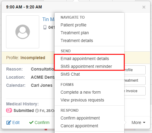 How to send an appointment reminder manually – Core Practice