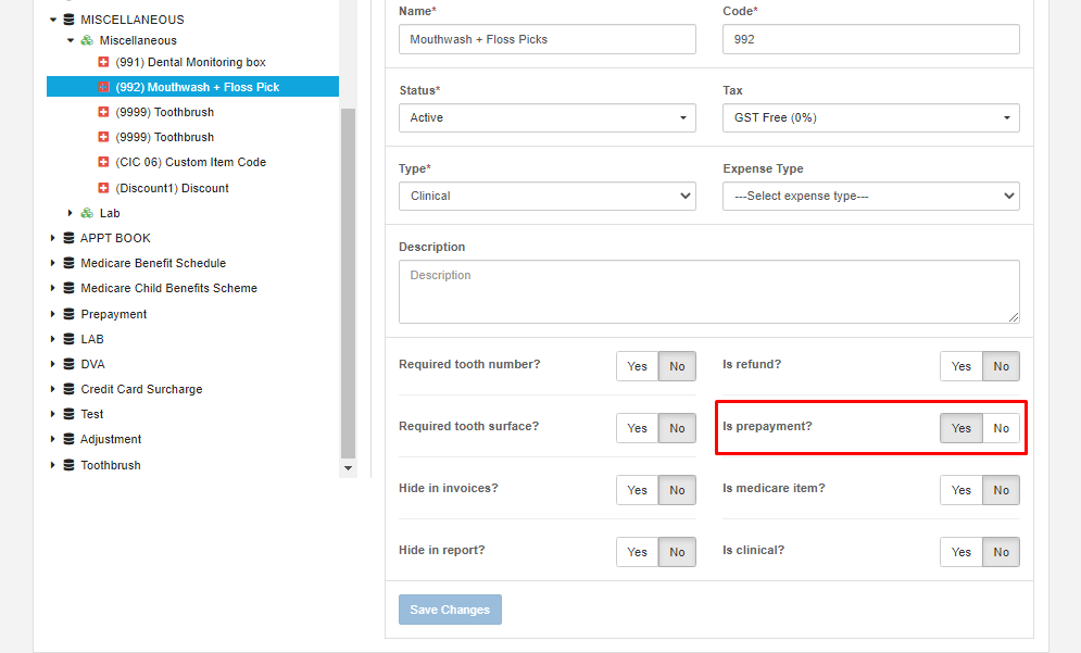 Item code missing from treatment / invoice – Core Practice