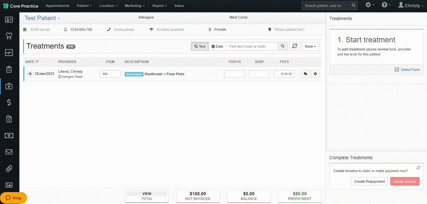 Item code missing from treatment / invoice – Core Practice